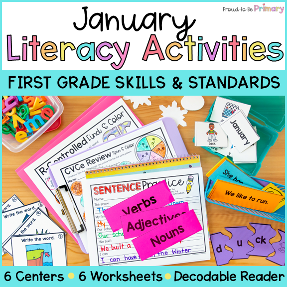 1st Grade Winter Literacy Centers, Worksheets & Reader