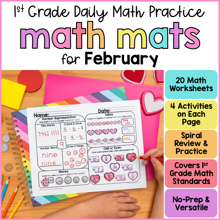 February Math Review Worksheets for First Grade
