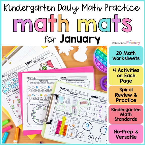 January Math Spiral Review Worksheets for Kindergarten