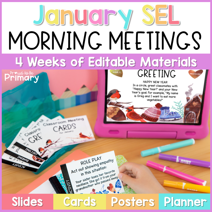 Morning Meeting Slides, Cards, Posters for January – Proud to be Primary