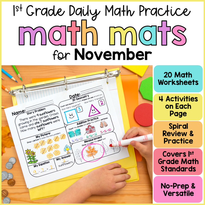 1st Grade November Fall Math Review Packet Assessments Worksheets Word