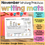 Fall November Thanksgiving Writing Center Prompts, Paper, Journal Acti