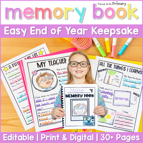 End of the Year SEL Memory Book Cover & Writing Prompts 1st-3rd Grades