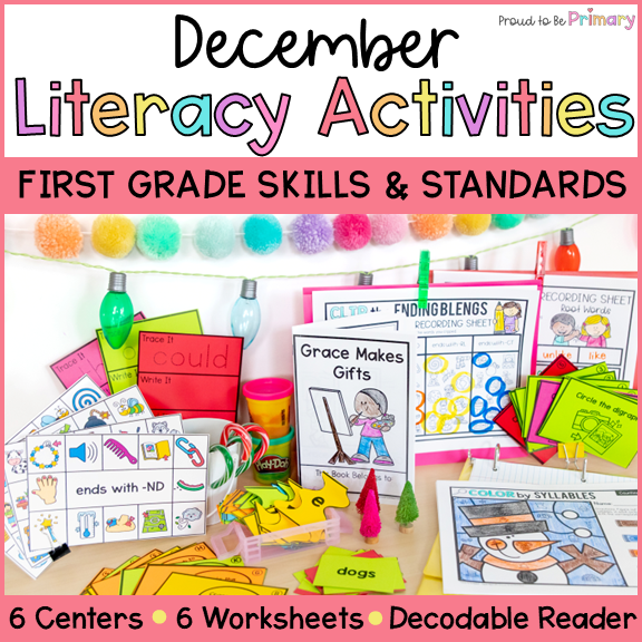 December 1st Grade Literacy Centers, Worksheets & Decodable Reader for