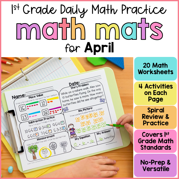 April Math Review Worksheets for First Grade