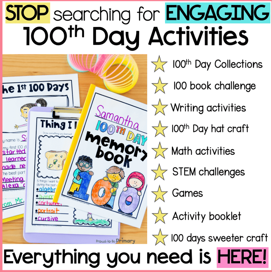100th Day Activities - 100 Days of School Craft, Math & Games