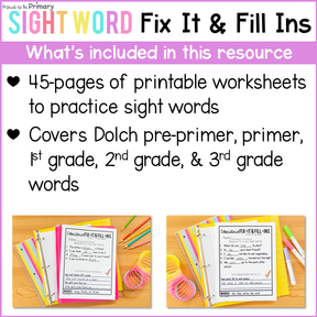 Dolch Sight Word Activities Fill in the Blank Correct Fix the Sentence
