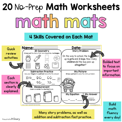 1st Grade Back to School September Math Review Worksheets Activities A