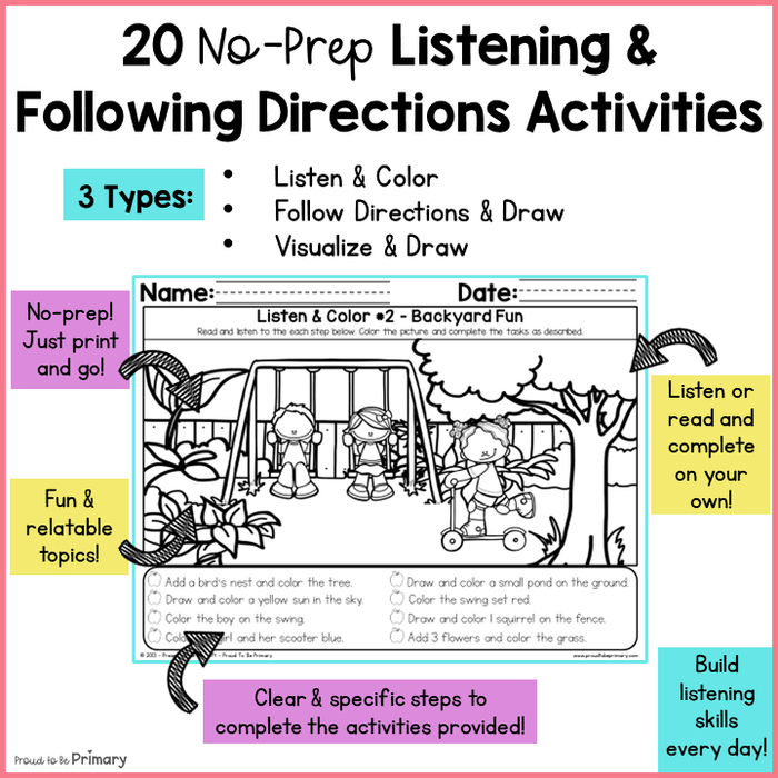 September Back to School Following Directions & Listening Read & Draw