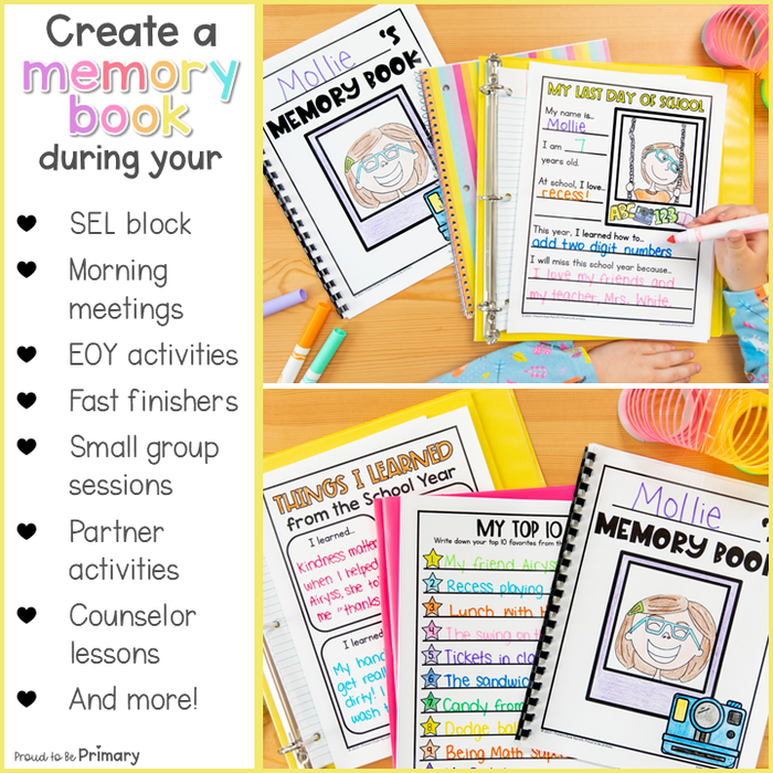End of the Year SEL Memory Book Cover & Writing Prompts 1st-3rd Grades