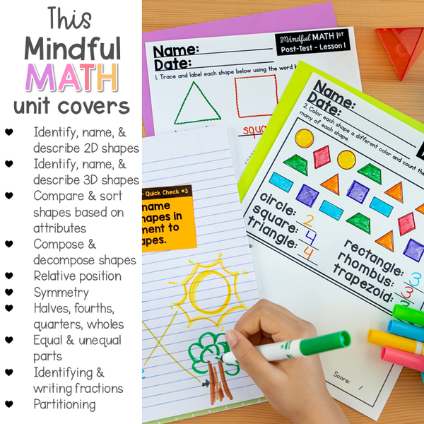 Geometry 2D Shapes and 3D Solids & Fractions - First Grade Mindful Mat