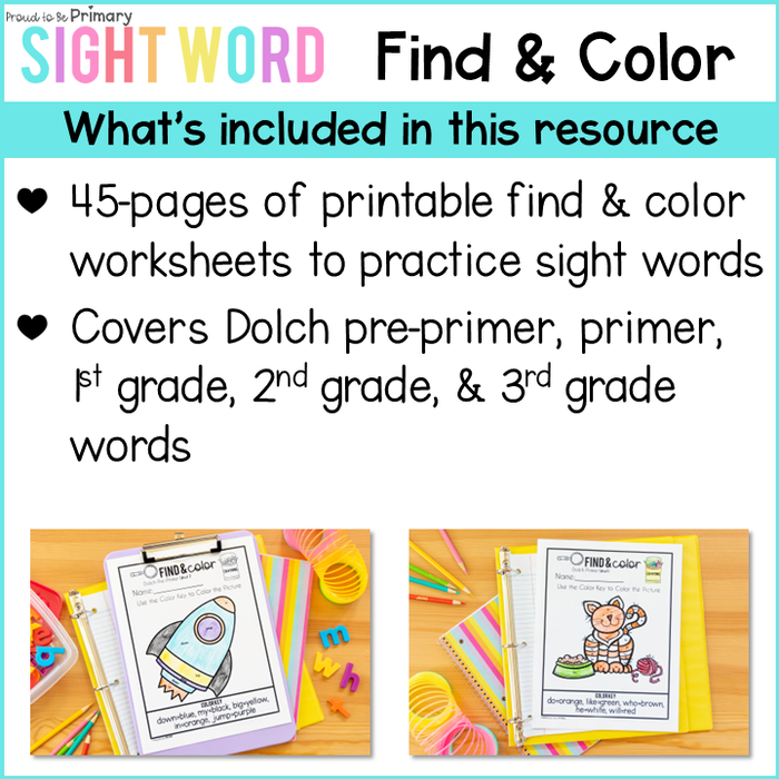Dolch Color by Sight Word Worksheets - Pre-Primer, Primer, 1st, 2nd, 3