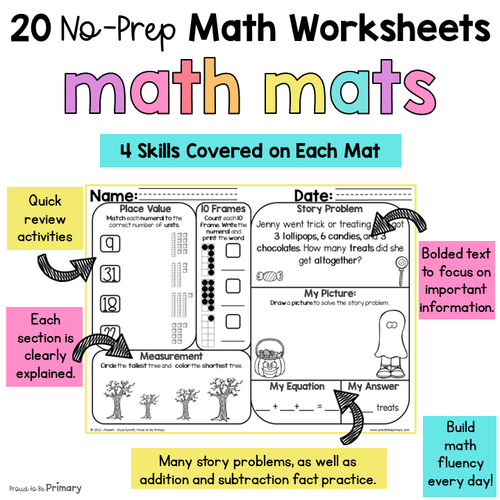 October Math Review Worksheets for First Grade
