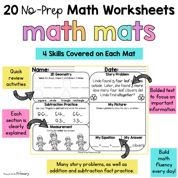 March Math Review Worksheets for First Grade