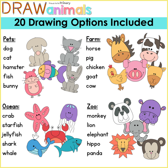 Directed Drawing Animals, Pets Ocean Zoo- Writing & Reading Activities