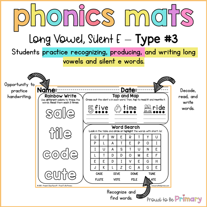 Long Vowel CVCE Silent E Worksheets, Decodable Passages & Phonics Acti