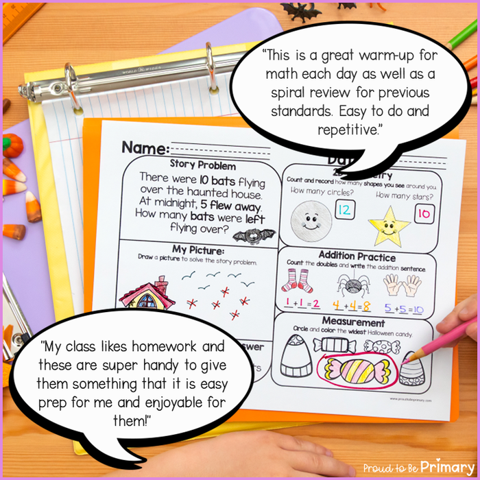 October Math Review Worksheets for First Grade