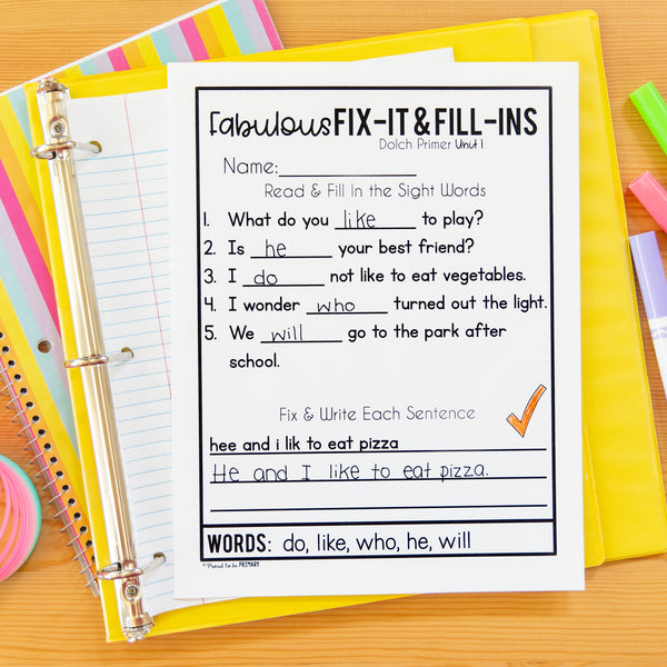 Dolch Sight Word Activities Fill in the Blank Correct Fix the Sentence