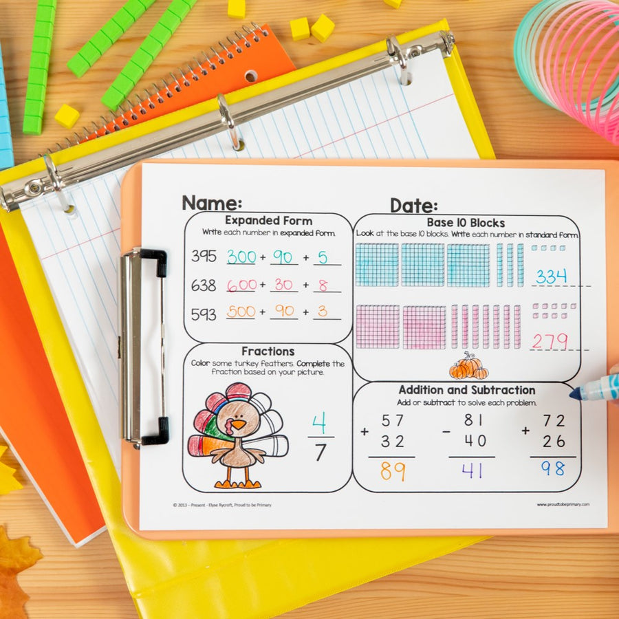November Fall 2nd Grade Math Review Worksheets Packet Thanksgiving Wor