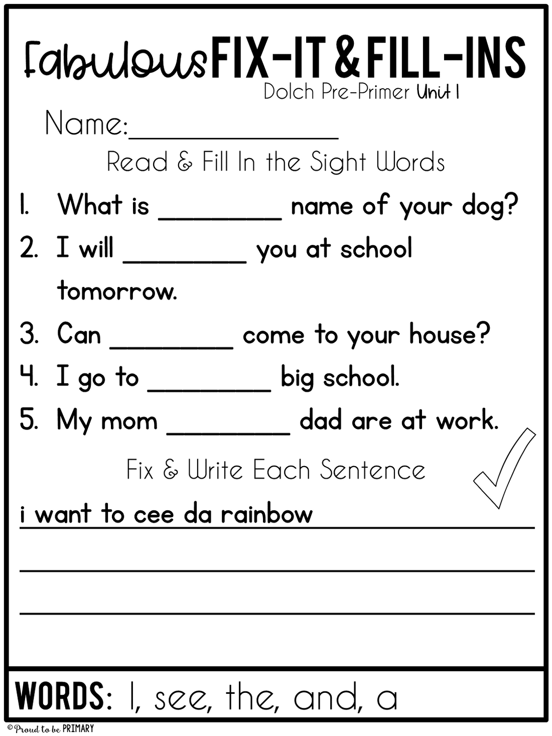 Dolch Sight Word Activities Fill in the Blank Correct Fix the Sentence