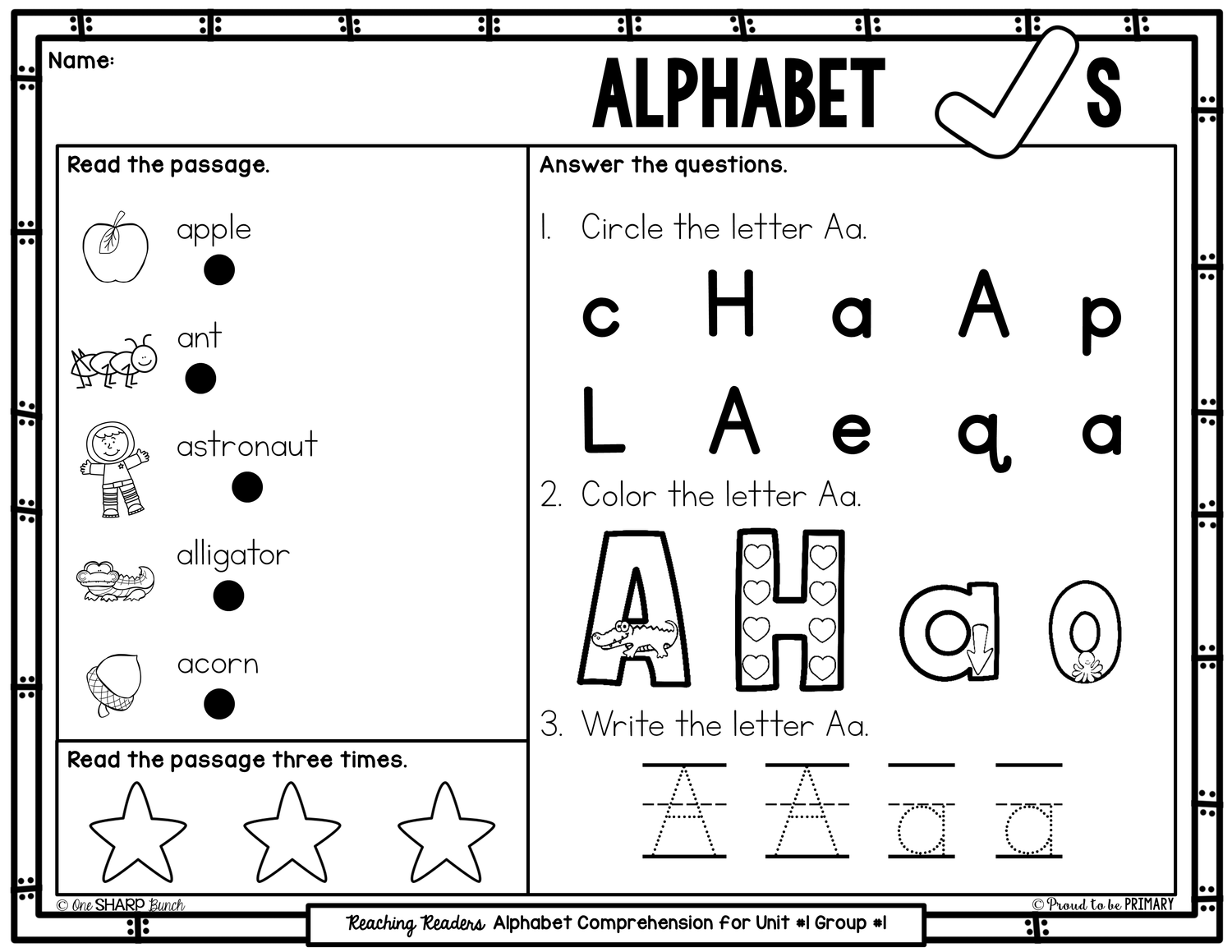 Alphabet Letter Practice Reading Comprehension Passages and Questions
