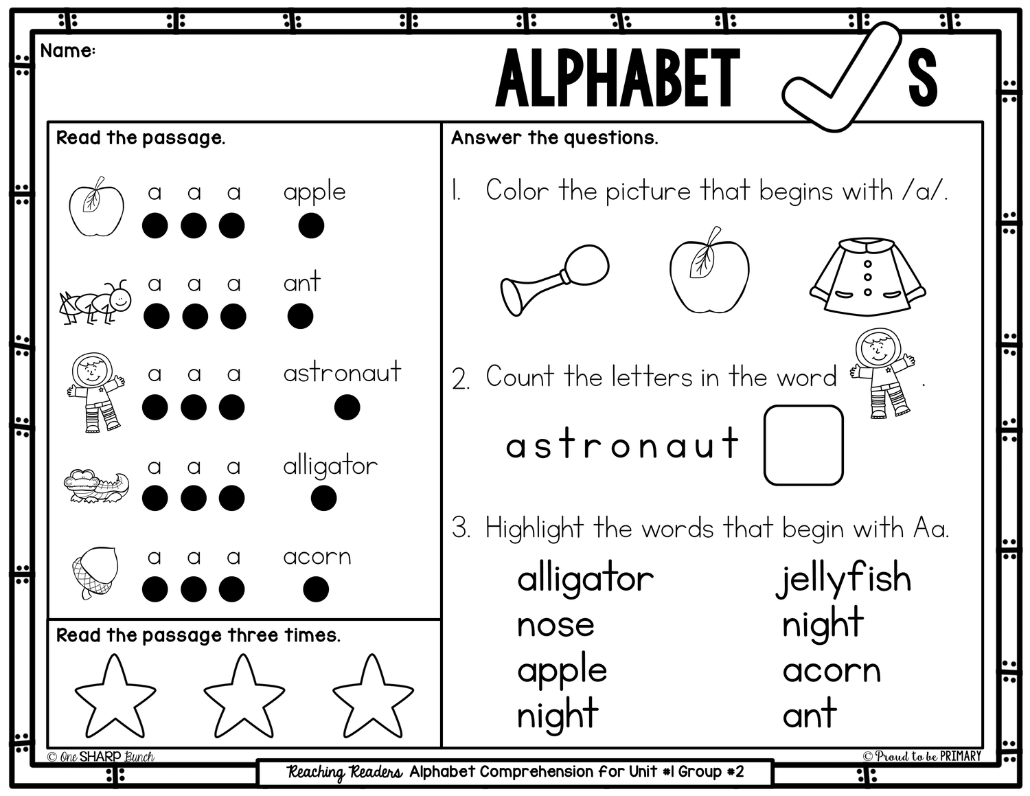 Alphabet Letter Practice Reading Comprehension Passages and Questions