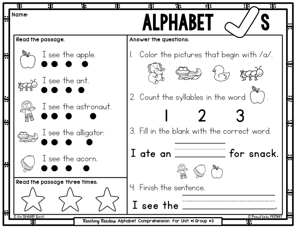 Alphabet Letter Practice Reading Comprehension Passages and Questions