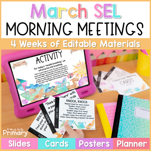 March Spring SEL Morning Meeting Google Slides Activities Greetings Qu