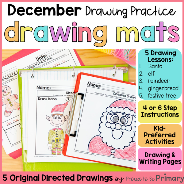 Christmas Directed Drawing -Reindeer Elf Gingerbread Santa Claus Tree