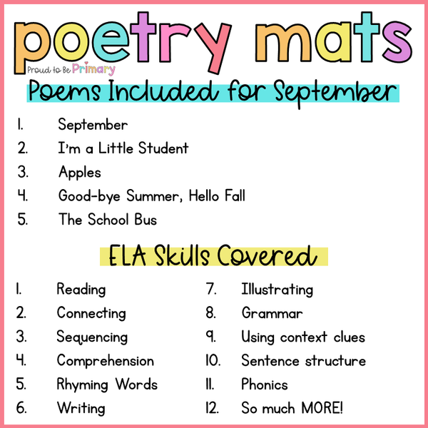 Poem of the Week Poetry Activity Mats for September - Back to School ...