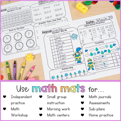 March Math Review Worksheets for First Grade