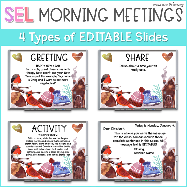 Morning Meeting Slides, Cards, Posters for January – Proud to be Primary