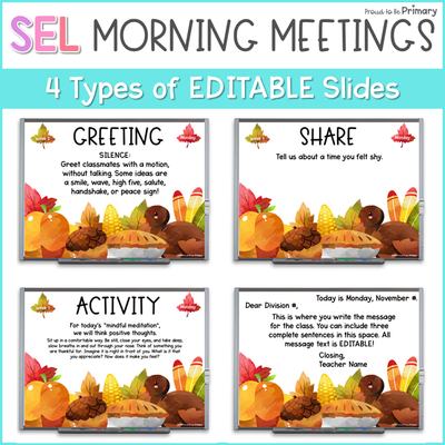 November Thanksgiving Fall SEL Morning Meeting Google Slides Activitie