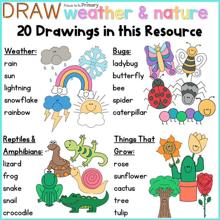 Step-by-Step Directed Drawing & Writing - Weather, Bugs, Plants, Tree