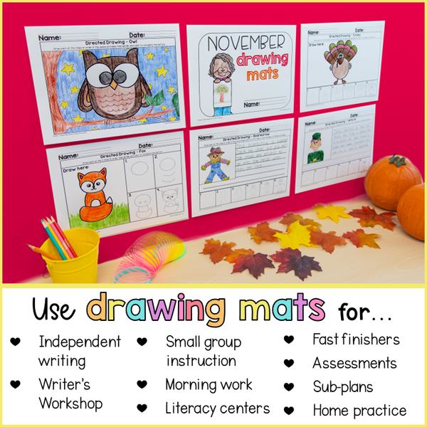 Fall Directed Drawings for November- owl, Turkey, scarecrow, soldier