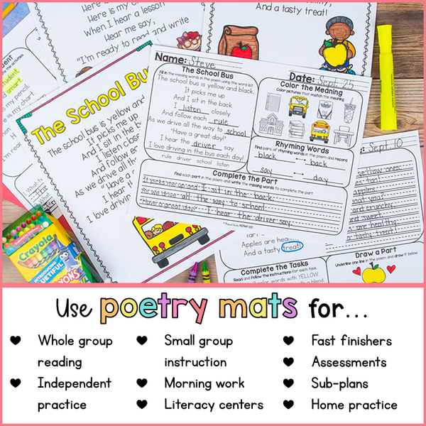 Poem of the Week Poetry Activity Mats for September - Back to School ...