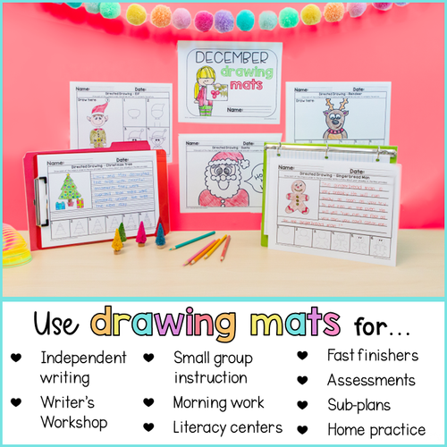 Christmas Directed Drawing -Reindeer Elf Gingerbread Santa Claus Tree