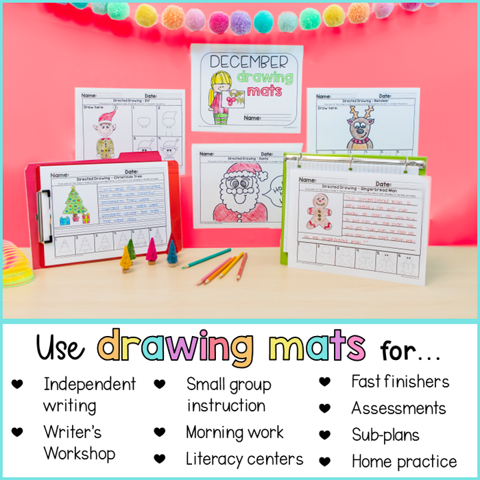 Christmas Directed Drawing -Reindeer Elf Gingerbread Santa Claus Tree