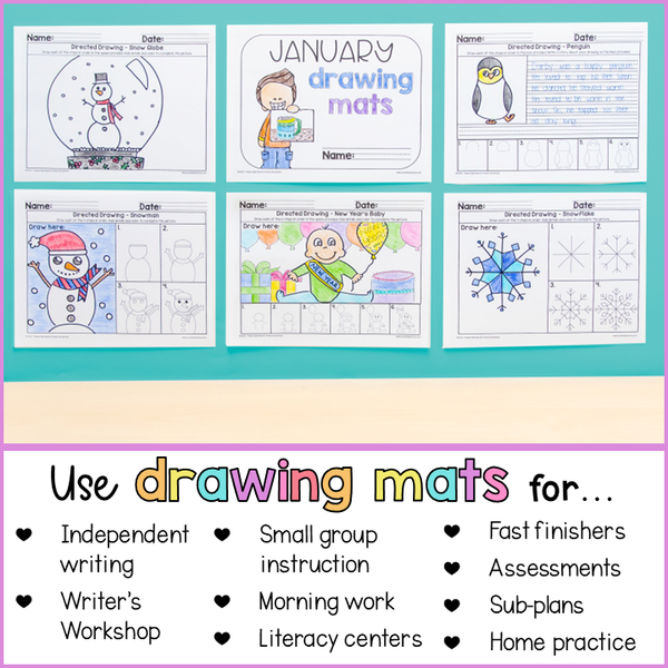 Winter January Directed Drawing-Snowman Snowflake Polar Bear Penguin