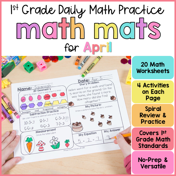 April Math Review Worksheets for First Grade