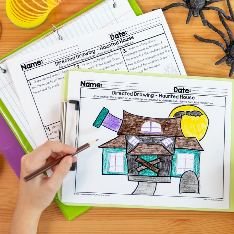 Halloween Fall Directed Drawing - Frankenstein Haunted House Spider Bat